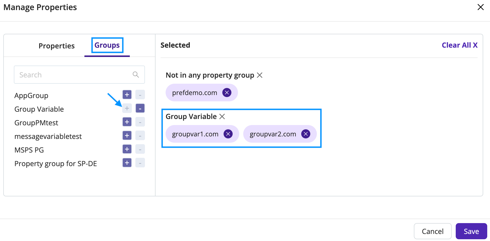 Manage properties in Preferences configuration – Sourcepoint