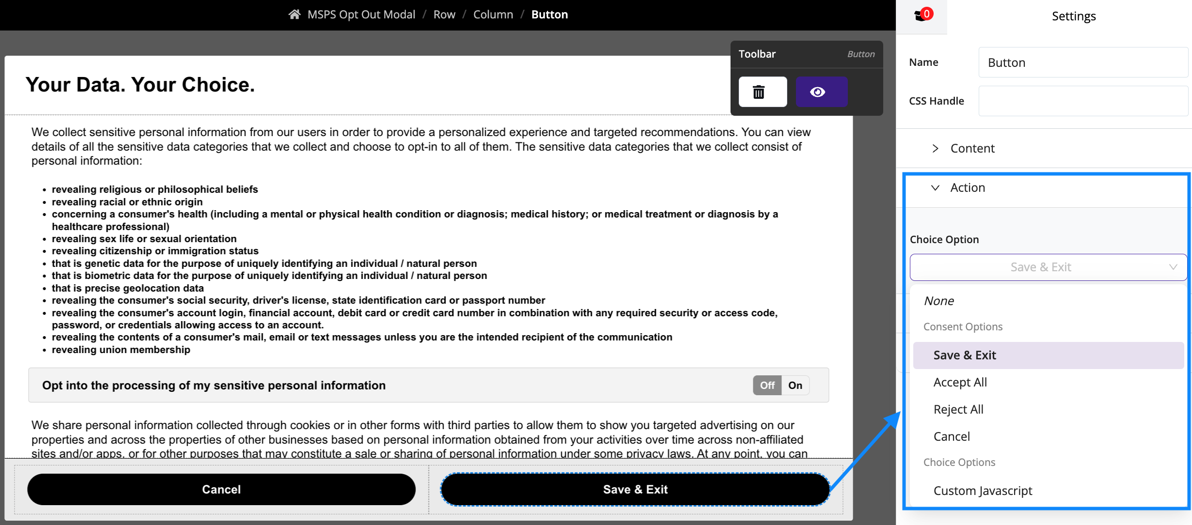 Button action reference guide (Privacy manager) – Sourcepoint