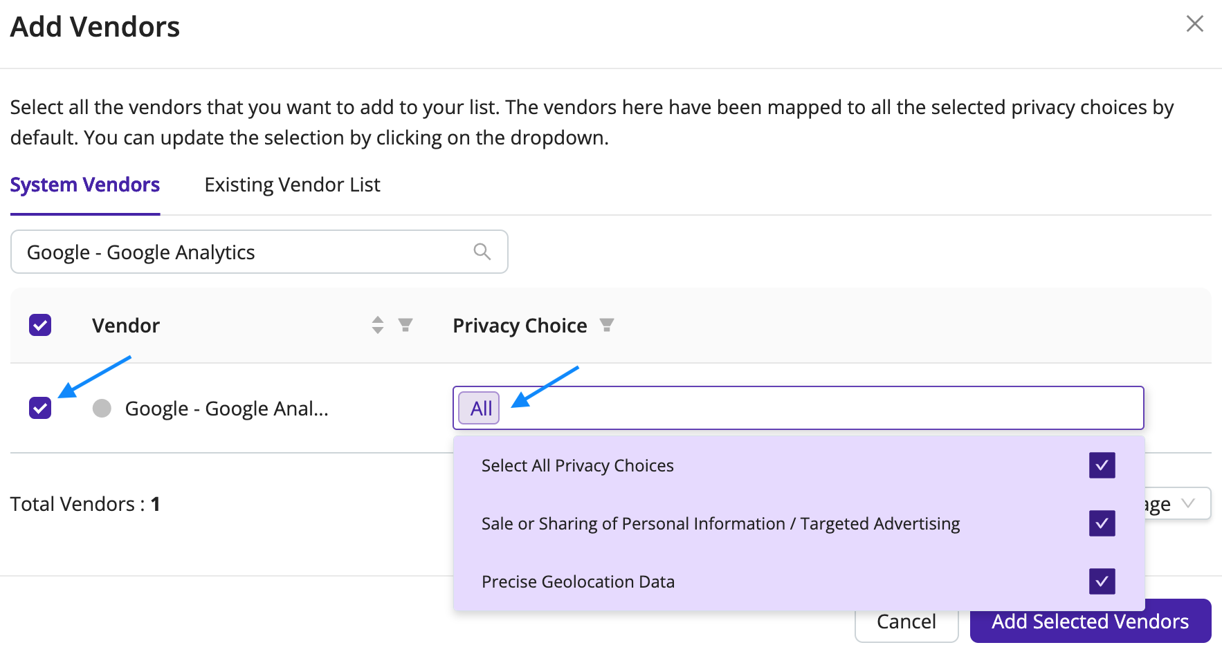 Configure vendors on vendor list (All frameworks) – Sourcepoint