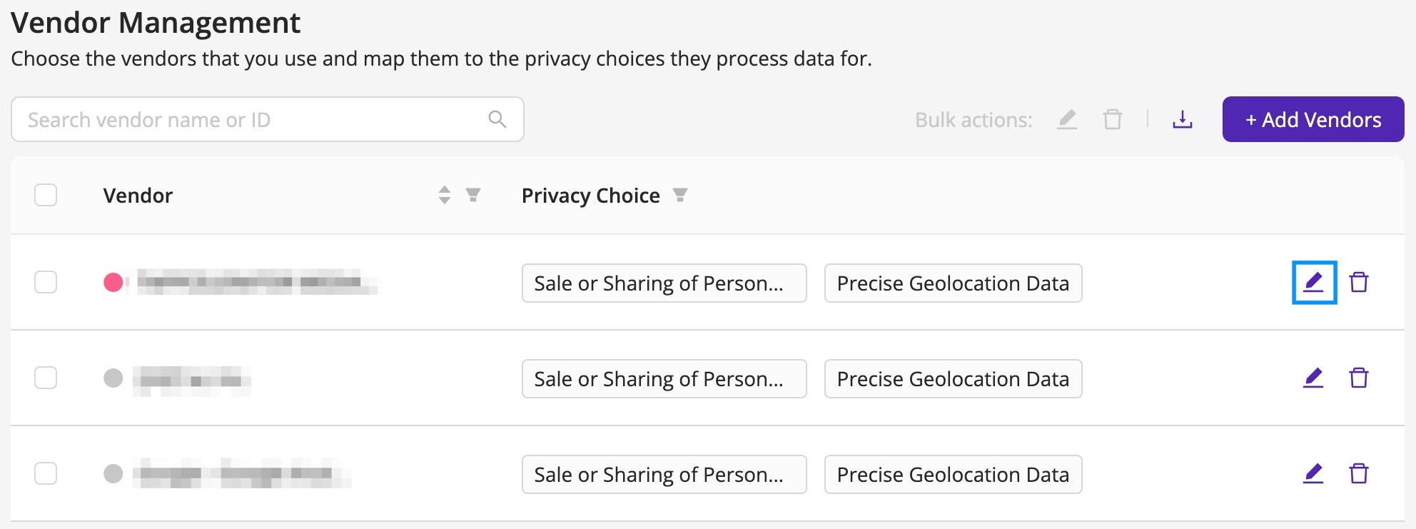 Configure vendors on vendor list (All frameworks) – Sourcepoint