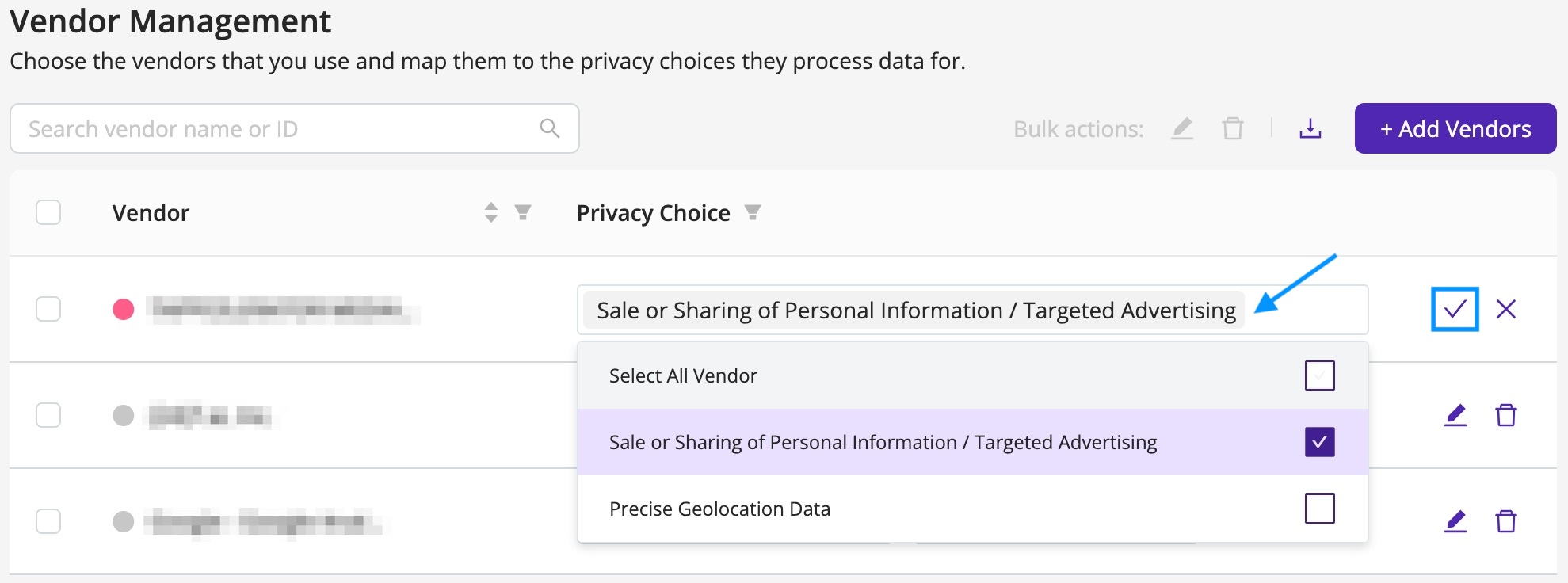 Configure vendors on vendor list (All frameworks) – Sourcepoint