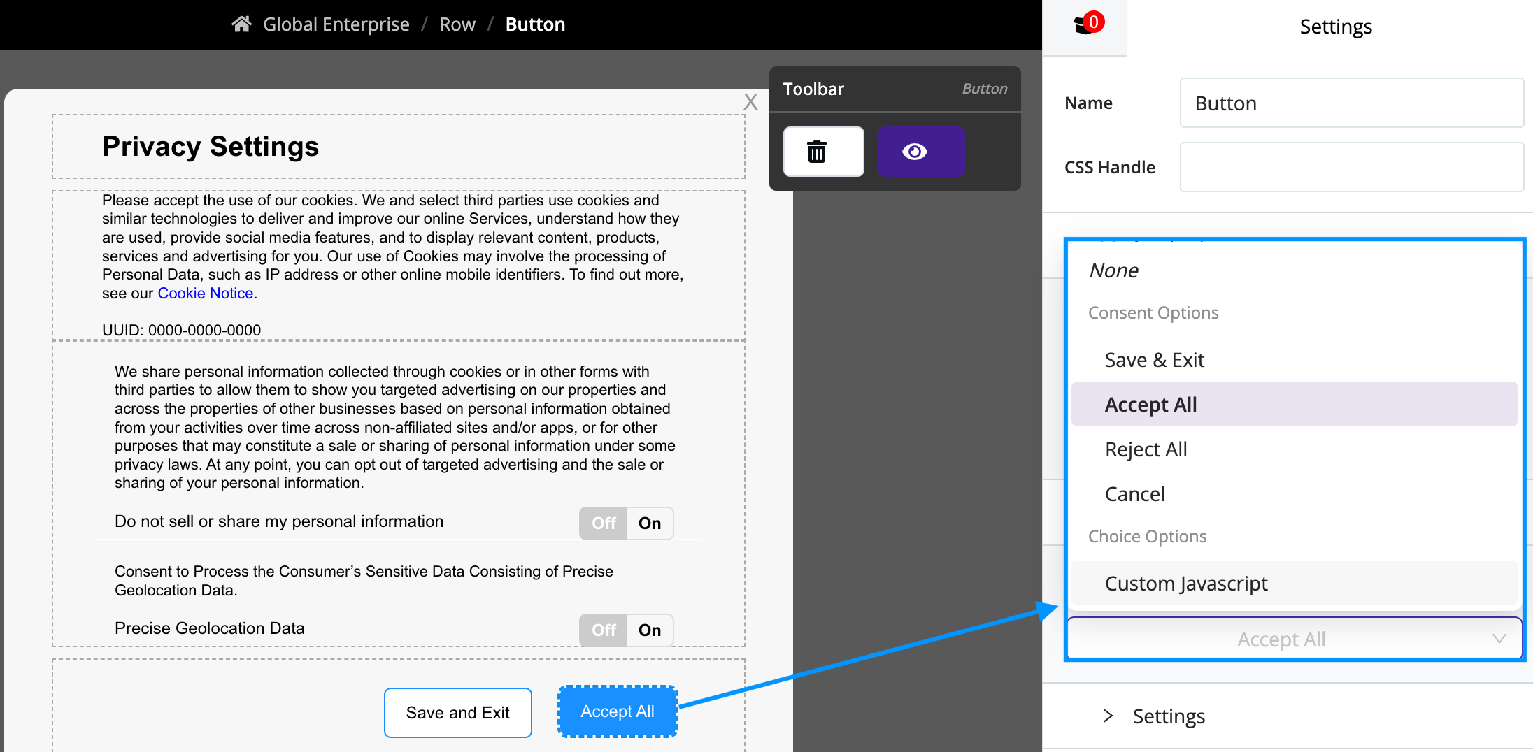 Button action reference guide (Privacy manager) – Sourcepoint