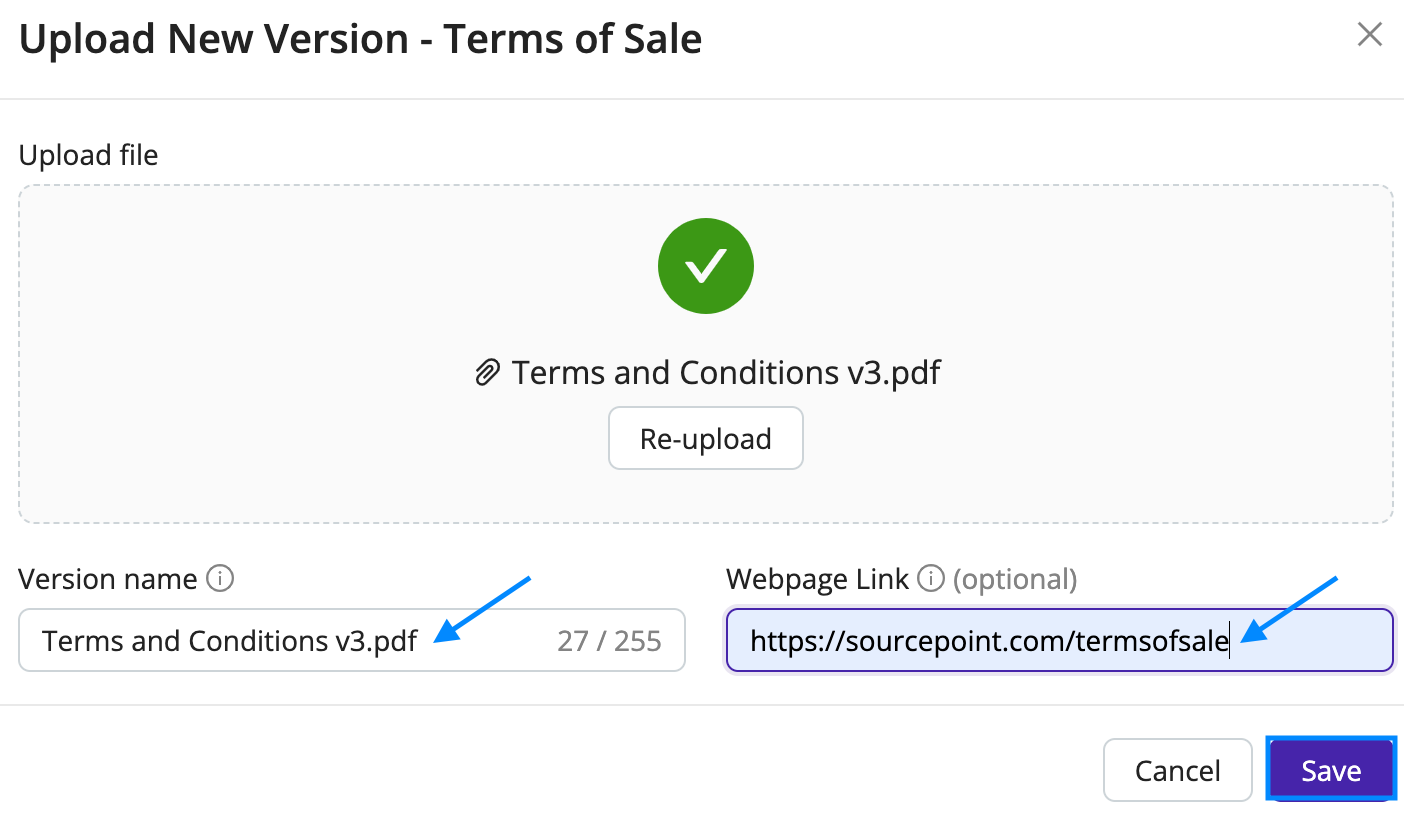Update legal document version – Sourcepoint